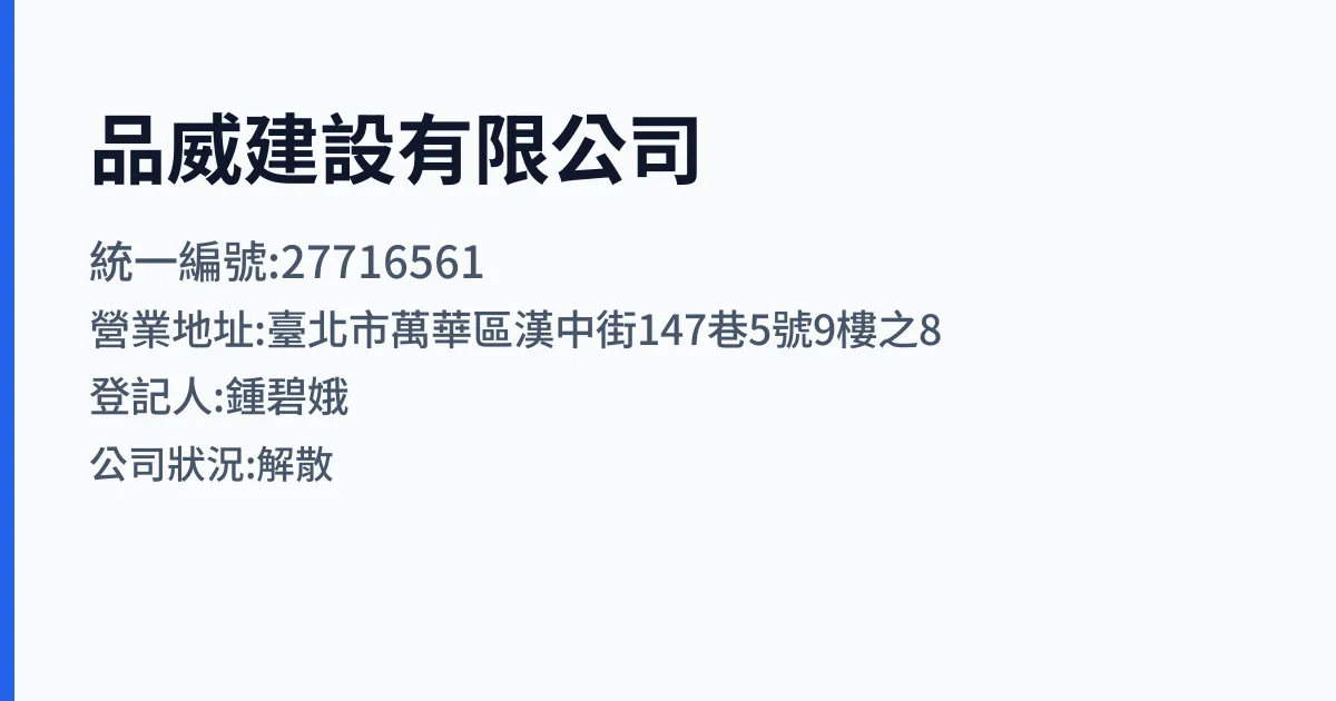 品威建設有限公司 - 統編 27716561(臺北市) 公司登記資料與營業項目詳細圖表