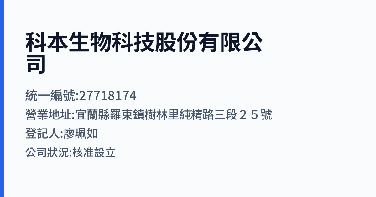 科本生物科技股份有限公司 - 統編 27718174(宜蘭縣) 公司登記資料與營業項目詳細圖表