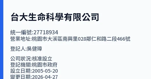 台大生命科學有限公司的照片-統編 27718934(桃園市) 公司登記資料與營業項目詳細圖表