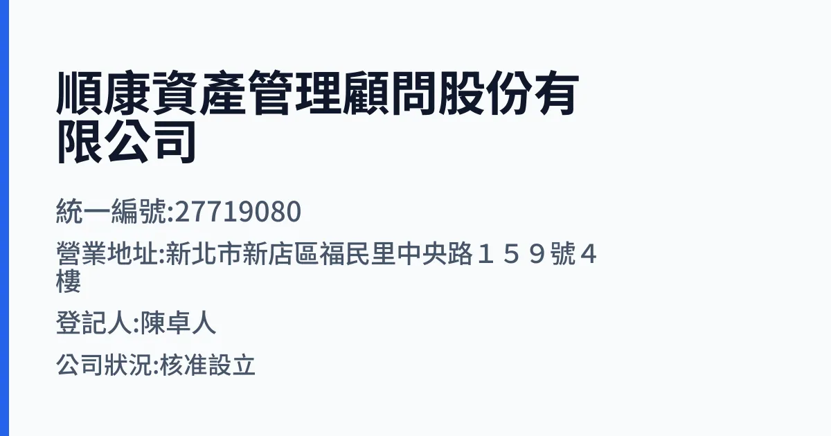 順康資產管理顧問股份有限公司 - 統編 27719080(新北市) 公司登記資料與營業項目詳細圖表