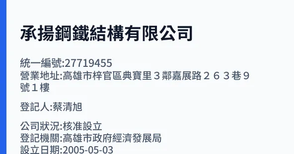 承揚鋼鐵結構有限公司的照片-統編 27719455(高雄市) 公司登記資料與營業項目詳細圖表