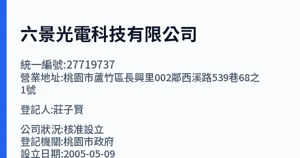 六景光電科技有限公司的照片-統編 27719737(桃園市) 公司登記資料與營業項目詳細圖表