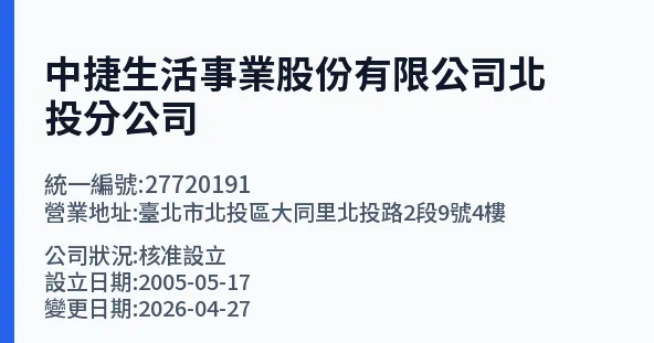 中捷生活事業股份有限公司北投分公司的照片-統編 27720191(臺北市) 公司登記資料與營業項目詳細圖表