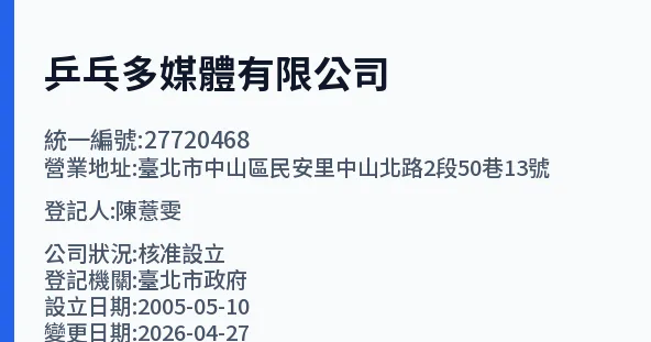 乒乓多媒體有限公司的照片-統編 27720468(臺北市) 公司登記資料與營業項目詳細圖表