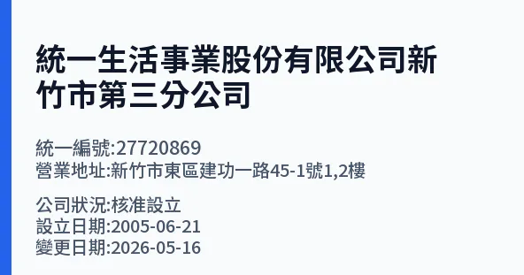 統一生活事業股份有限公司新竹市第三分公司的照片-統編 27720869(新竹市) 公司登記資料與營業項目詳細圖表