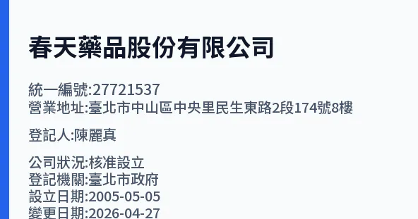 春天藥品股份有限公司的照片-統編 27721537(臺北市) 公司登記資料與營業項目詳細圖表