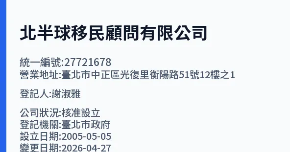 北半球移民顧問有限公司的照片-統編 27721678(臺北市) 公司登記資料與營業項目詳細圖表