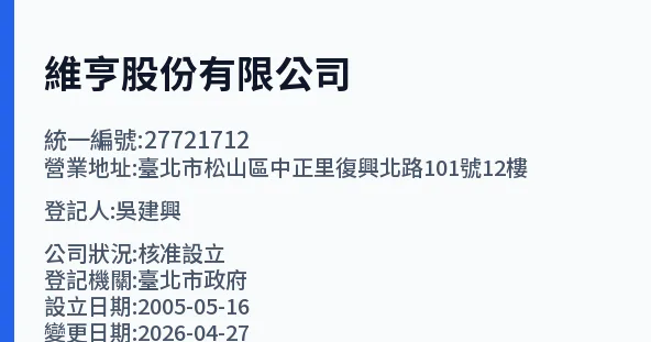 維亨股份有限公司的照片-統編 27721712(臺北市) 公司登記資料與營業項目詳細圖表