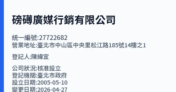 磅礡廣媒行銷有限公司的照片-統編 27722682(臺北市) 公司登記資料與營業項目詳細圖表