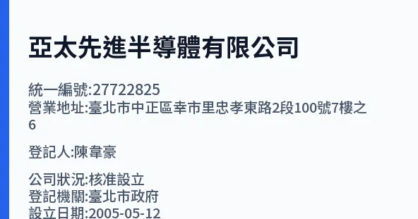 亞太先進半導體有限公司的照片-統編 27722825(臺北市) 公司登記資料與營業項目詳細圖表