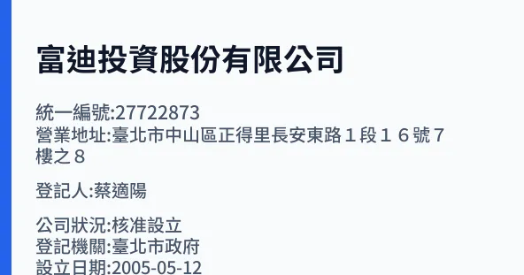 富迪投資股份有限公司的照片-統編 27722873(臺北市) 公司登記資料與營業項目詳細圖表