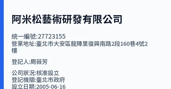 阿米松藝術研發有限公司的照片-統編 27723155(臺北市) 公司登記資料與營業項目詳細圖表