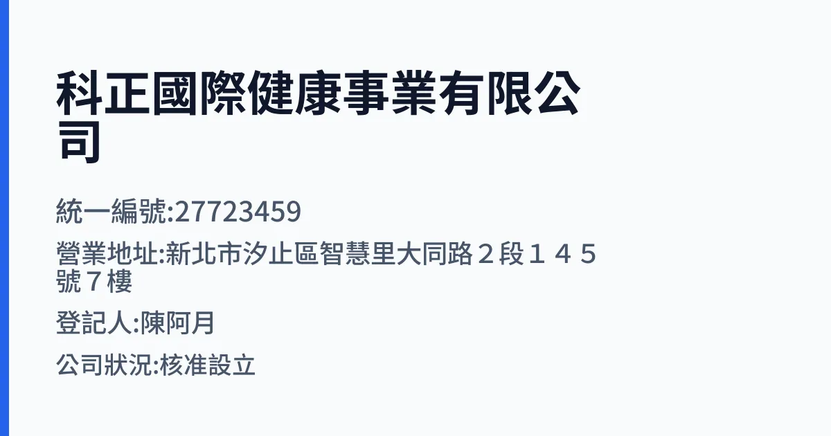 科正國際健康事業有限公司 - 統編 27723459(新北市) 公司登記資料與營業項目詳細圖表