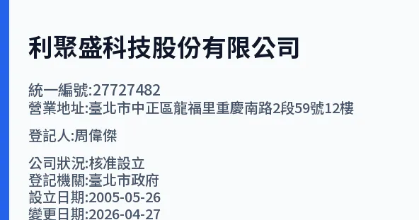 利聚盛科技股份有限公司的照片-統編 27727482(臺北市) 公司登記資料與營業項目詳細圖表