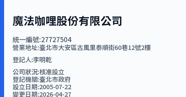 魔法咖哩股份有限公司的照片-統編 27727504(臺北市) 公司登記資料與營業項目詳細圖表