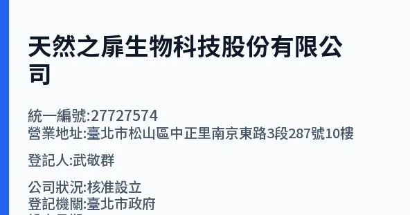 天然之扉生物科技股份有限公司的照片-統編 27727574(臺北市) 公司登記資料與營業項目詳細圖表