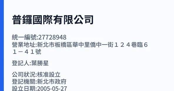 普鑼國際有限公司的照片-統編 27728948(新北市) 公司登記資料與營業項目詳細圖表