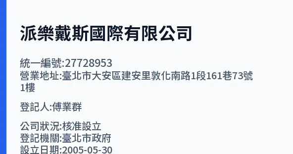 派樂戴斯國際有限公司的照片-統編 27728953(臺北市) 公司登記資料與營業項目詳細圖表