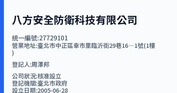 八方安全防衛科技有限公司的照片-統編 27729101(臺北市) 公司登記資料與營業項目詳細圖表