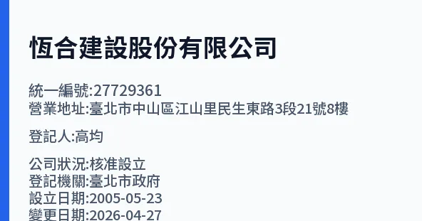 恆合建設股份有限公司的照片-統編 27729361(臺北市) 公司登記資料與營業項目詳細圖表