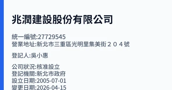 兆潤建設股份有限公司的照片-統編 27729545(新北市) 公司登記資料與營業項目詳細圖表