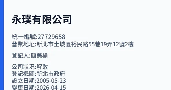 永璞有限公司的照片-統編 27729658(新北市) 公司登記資料與營業項目詳細圖表