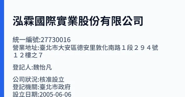 泓霖國際實業股份有限公司的照片-統編 27730016(臺北市) 公司登記資料與營業項目詳細圖表