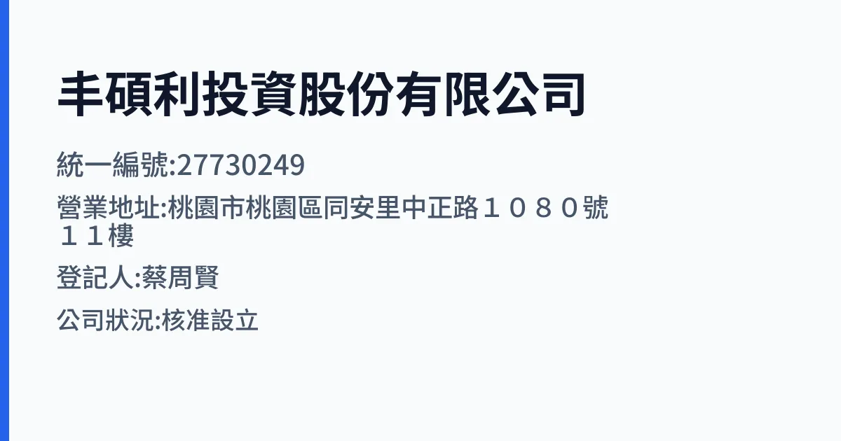 丰碩利投資股份有限公司 - 統編 27730249(桃園市) 公司登記資料與營業項目詳細圖表