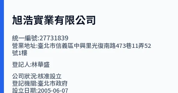 旭浩實業有限公司的照片-統編 27731839(臺北市) 公司登記資料與營業項目詳細圖表