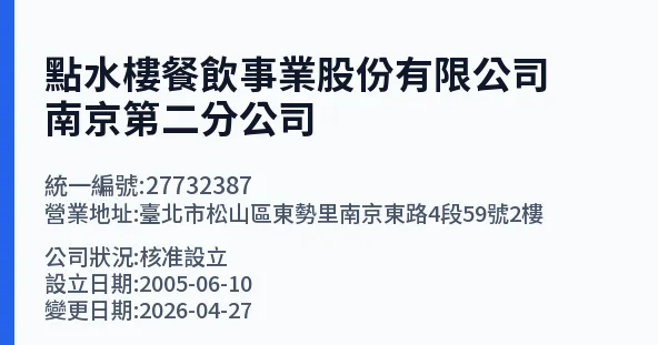 點水樓餐飲事業股份有限公司南京第二分公司的照片-統編 27732387(臺北市) 公司登記資料與營業項目詳細圖表