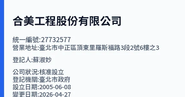 合美工程股份有限公司的照片-統編 27732577(臺北市) 公司登記資料與營業項目詳細圖表
