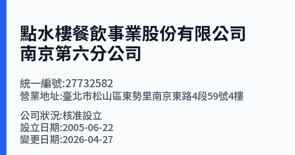 點水樓餐飲事業股份有限公司南京第六分公司的照片-統編 27732582(臺北市) 公司登記資料與營業項目詳細圖表