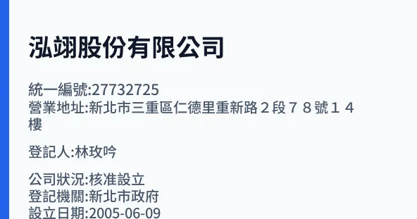 泓翊股份有限公司的照片-統編 27732725(新北市) 公司登記資料與營業項目詳細圖表