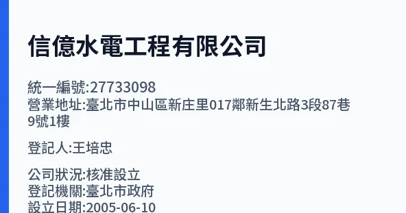信億水電工程有限公司的照片-統編 27733098(臺北市) 公司登記資料與營業項目詳細圖表
