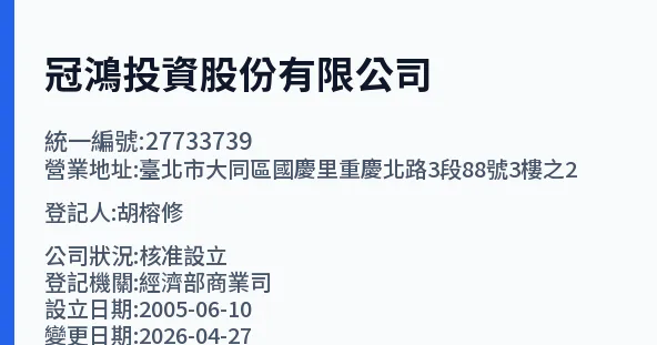 冠鴻投資股份有限公司的照片-統編 27733739(臺北市) 公司登記資料與營業項目詳細圖表