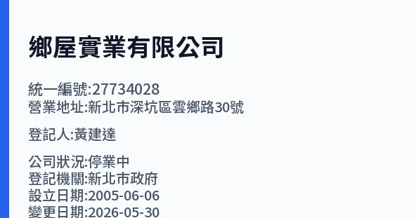 鄉屋實業有限公司的照片-統編 27734028(新北市) 公司登記資料與營業項目詳細圖表