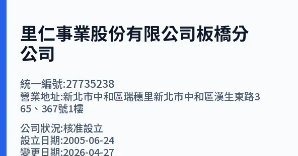 里仁事業股份有限公司板橋分公司的照片-統編 27735238(新北市) 公司登記資料與營業項目詳細圖表