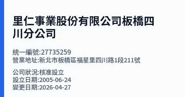 里仁事業股份有限公司板橋四川分公司的照片-統編 27735259(新北市) 公司登記資料與營業項目詳細圖表