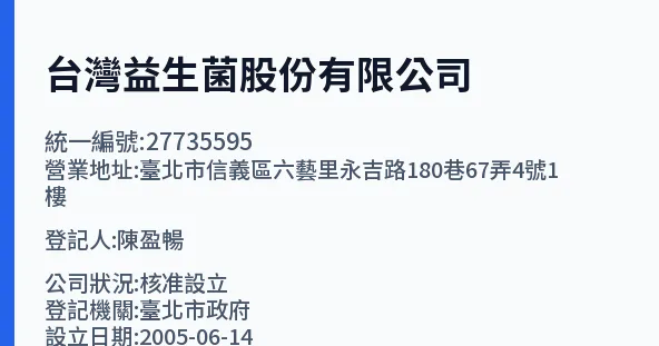 台灣益生菌股份有限公司的照片-統編 27735595(臺北市) 公司登記資料與營業項目詳細圖表