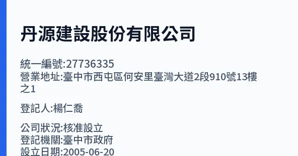 丹源建設股份有限公司的照片-統編 27736335(臺中市) 公司登記資料與營業項目詳細圖表
