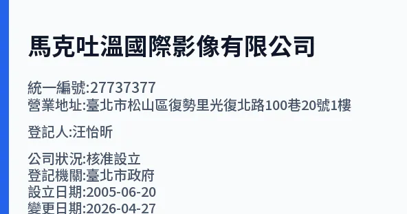 馬克吐溫國際影像有限公司的照片-統編 27737377(臺北市) 公司登記資料與營業項目詳細圖表