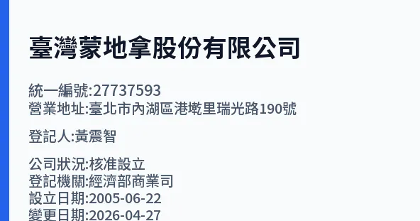 臺灣蒙地拿股份有限公司的照片-統編 27737593(臺北市) 公司登記資料與營業項目詳細圖表