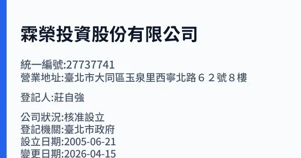 霖榮投資股份有限公司的照片-統編 27737741(臺北市) 公司登記資料與營業項目詳細圖表