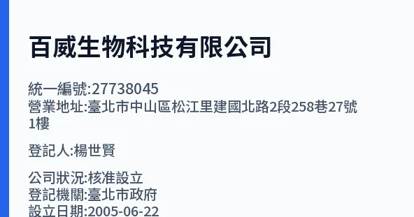 百威生物科技有限公司的照片-統編 27738045(臺北市) 公司登記資料與營業項目詳細圖表