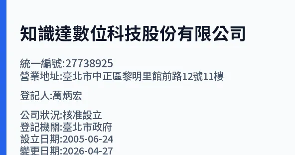知識達數位科技股份有限公司的照片-統編 27738925(臺北市) 公司登記資料與營業項目詳細圖表