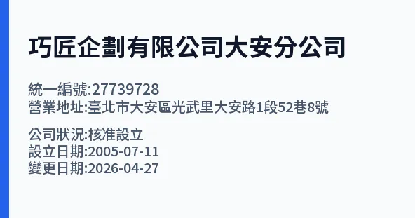 巧匠企劃有限公司大安分公司的照片-統編 27739728(臺北市) 公司登記資料與營業項目詳細圖表