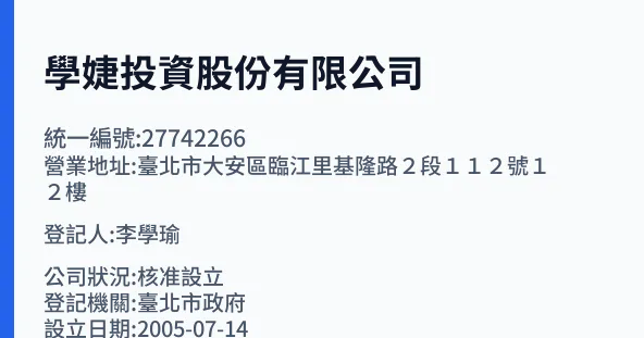 學婕投資股份有限公司的照片-統編 27742266(臺北市) 公司登記資料與營業項目詳細圖表