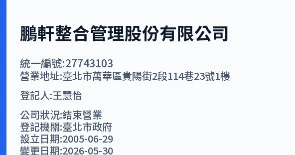 鵬軒整合管理股份有限公司的照片-統編 27743103(臺北市) 公司登記資料與營業項目詳細圖表