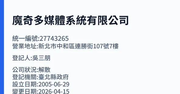 魔奇多媒體系統有限公司的照片-統編 27743265(新北市) 公司登記資料與營業項目詳細圖表
