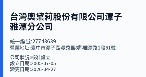 台灣奧黛莉股份有限公司潭子雅潭分公司的照片-統編 27743639(臺中市) 公司登記資料與營業項目詳細圖表